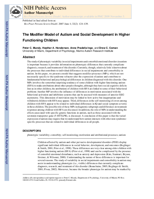 (PDF) The Modifier Model of Autism and Social Development in Higher ...