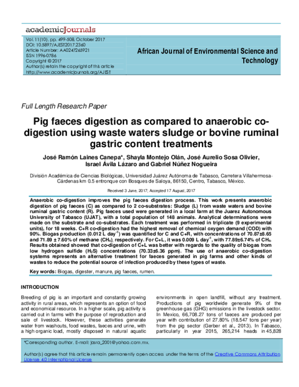 (PDF) Pig faeces digestion as compared to anaerobic co-digestion using ...