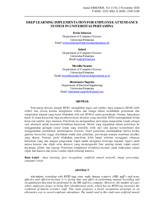 (PDF) Deep Learning Implementation for Employee Attendance System in ...