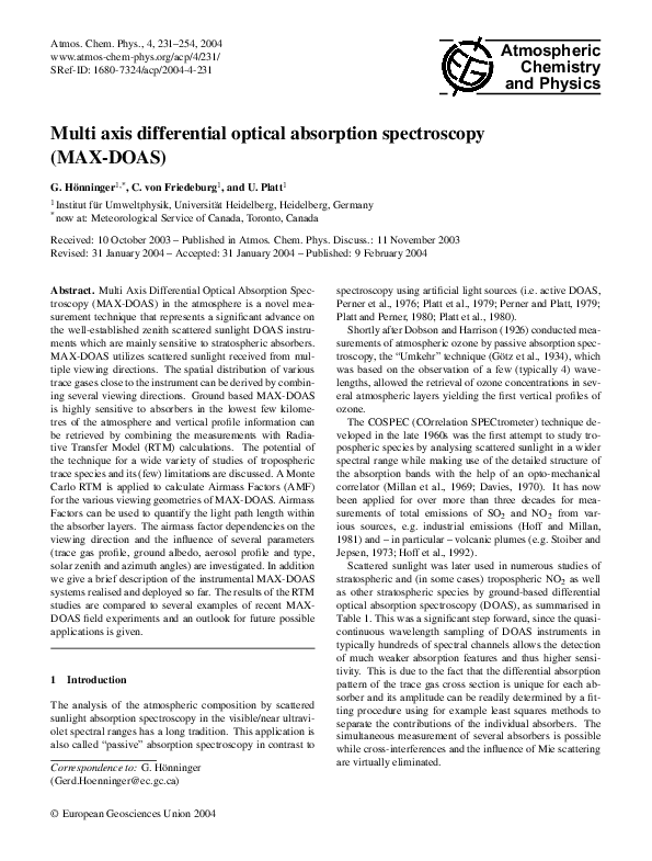 (PDF) Multi axis differential optical absorption spectroscopy (MAX-DOAS)