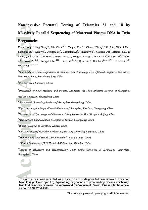 (PDF) Noninvasive prenatal testing of trisomies 21 and 18 by massively ...