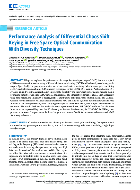 Pdf Performance Analysis Of Differential Chaos Shift Keying In Free Space Optical