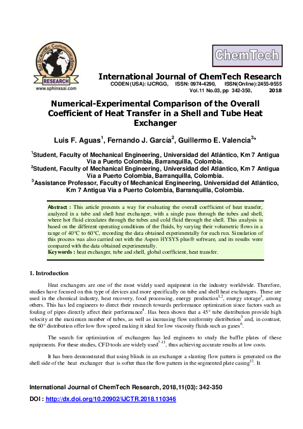 (PDF) Numerical-Experimental Comparison of the Overall Coefficient of Heat Transfer in a Shell ...