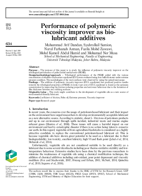 (PDF) Performance of polymeric viscosity improver as bio-lubricant additives