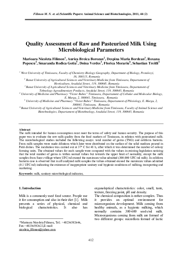 (PDF) Quality Assessment of Raw and Pasteurized Milk Using ...