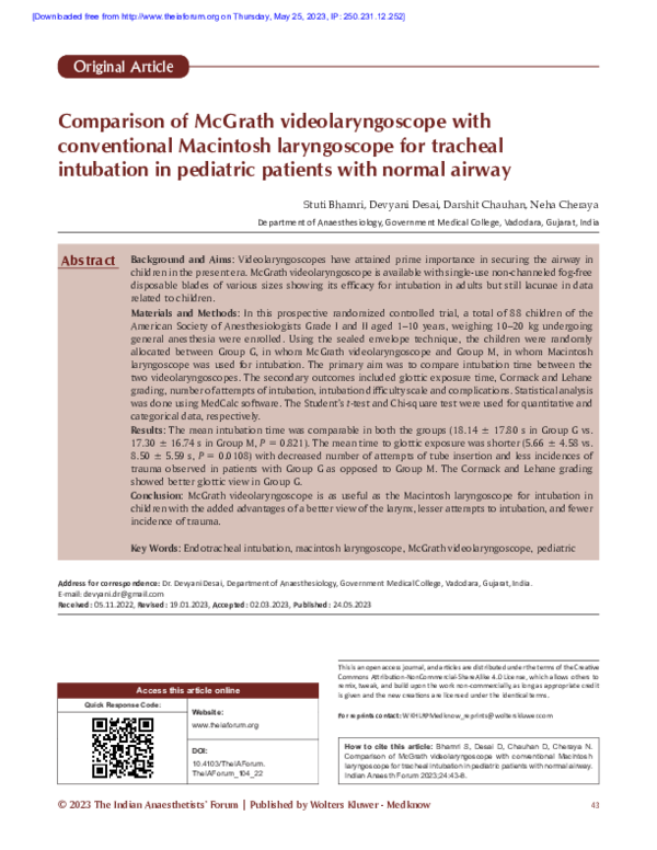 (PDF) Comparison of McGrath videolaryngoscope with conventional ...