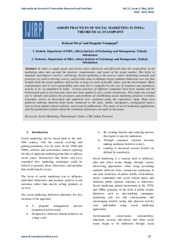 (PDF) Adroit Practices Of Social Marketing In India: Theoretical Standpoint | Koppala Venugopal ...