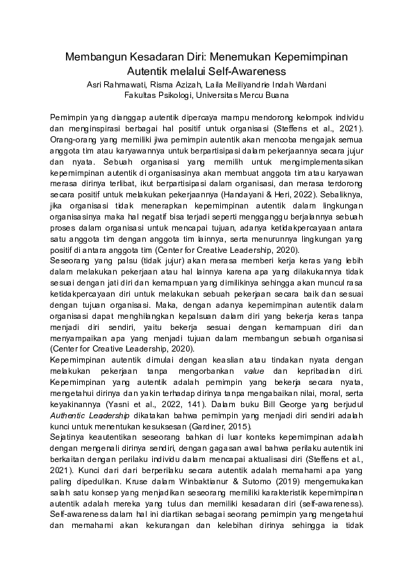 (PDF) Membangun Kesadaran Diri: Menemukan Kepemimpinan Autentik melalui ...