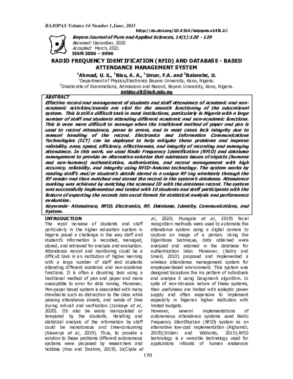 (PDF) Radio frequency identification (RFID) and database- based attendance management system ...