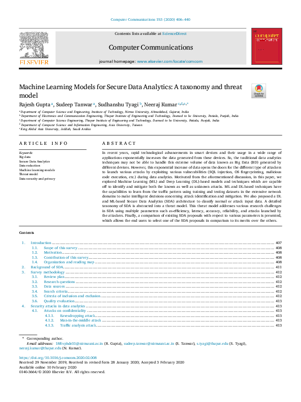 (PDF) Machine Learning Models for Secure Data Analytics: A taxonomy and ...