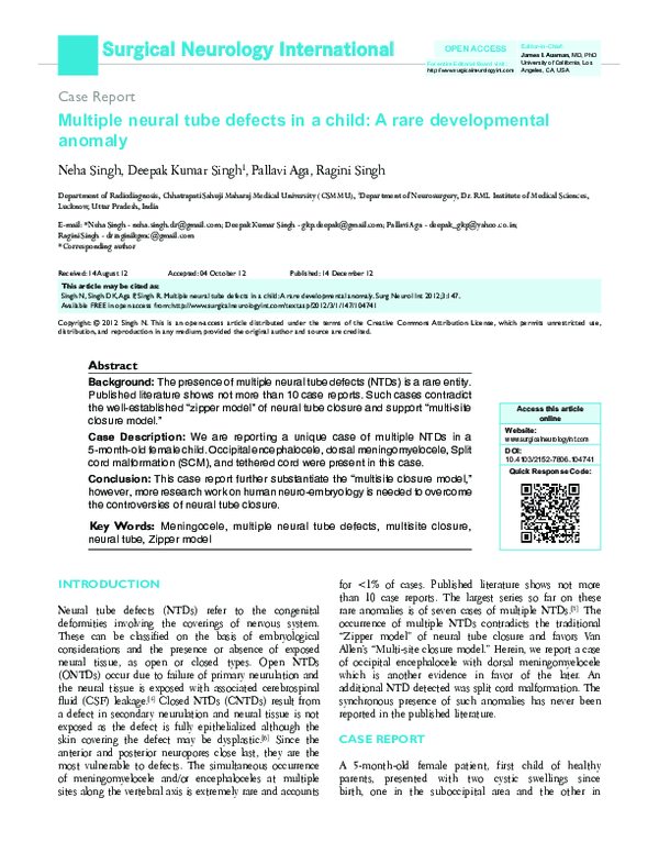 (PDF) Multiple neural tube defects in a child: A rare developmental anomaly