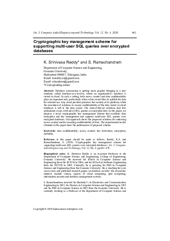 Pdf Cryptographic Key Management Scheme For Supporting Multi User Sql Queries Over Encrypted