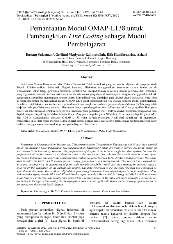 (PDF) Pemanfaatan Modul OMAP-L138 untuk Pembangkitan Line Coding sebagai Modul Pembelajaran ...