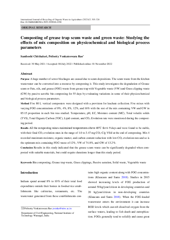 (PDF) -Composting of grease trap scum waste and green waste: Studying ...