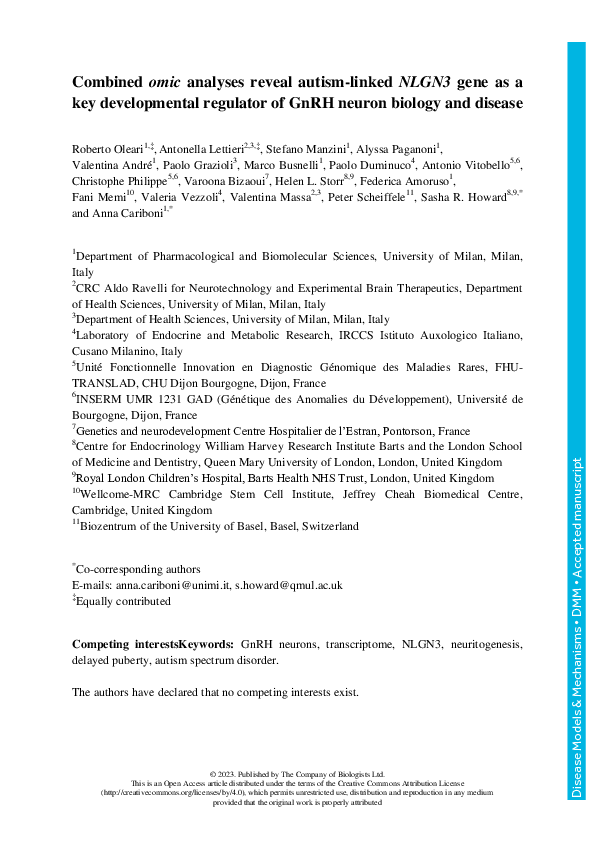 (PDF) Combined omic analyses reveal autism-linked NLGN3 gene as a key ...