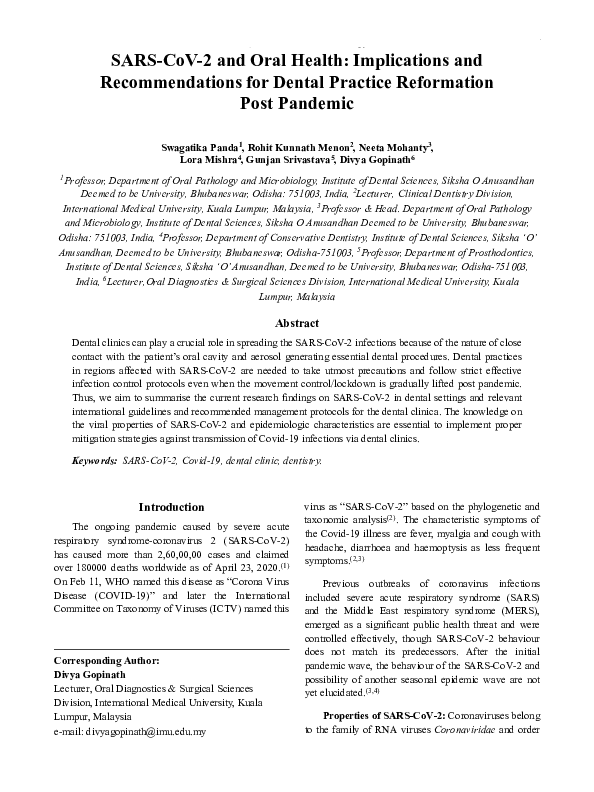 (PDF) SARS-CoV-2 and Oral Health: Implications and Recommendations for ...