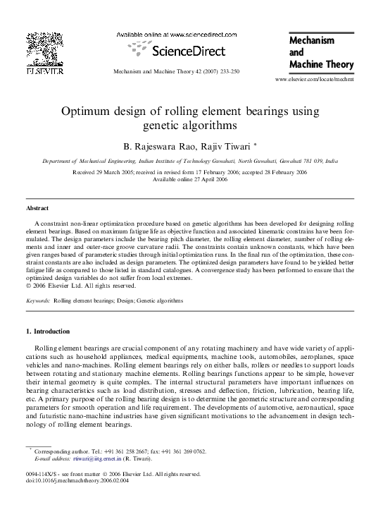 (PDF) Optimum design of rolling element bearings using genetic algorithms