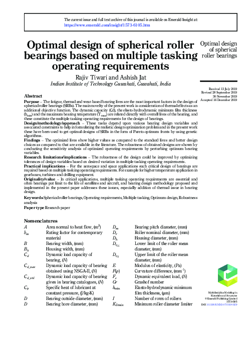 (PDF) Optimal design of spherical roller bearings based on multiple tasking operating requirements