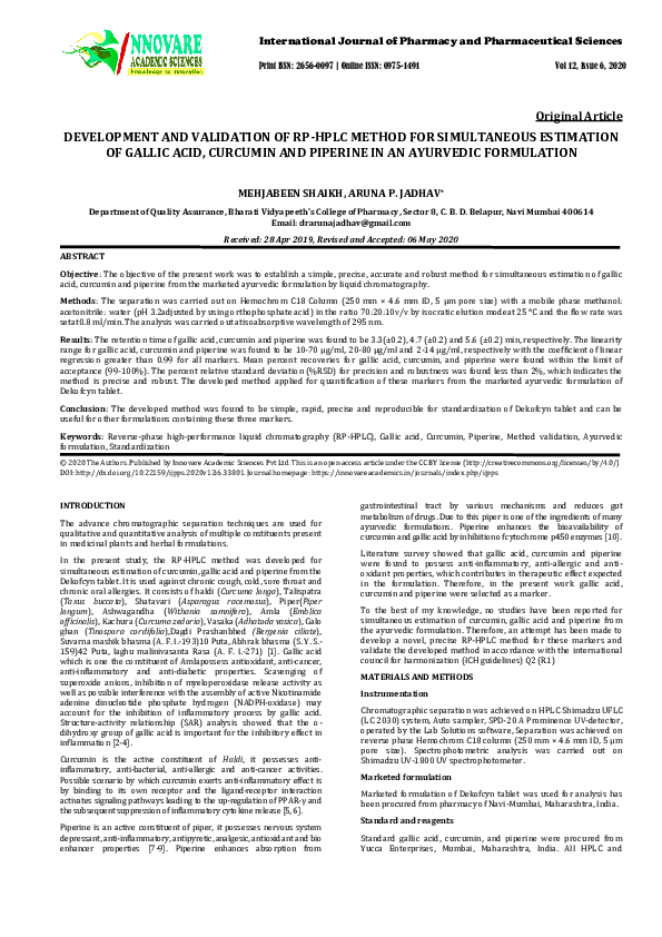 Pdf Development And Validation Of Rp Hplc Method For Simultaneous Estimation Of Gallic Acid