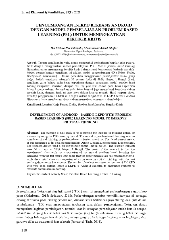 (PDF) Pengembangan E-LKPD Berbasis Android Dengan Model Pembelajaran Problem Based Learning (PBL ...