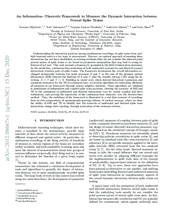 (PDF) An Information-Theoretic Framework to Measure the Dynamic Interaction Between Neural Spike ...