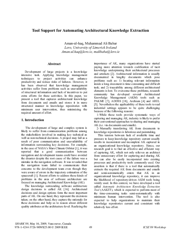 (PDF) Tool support for automating architectural knowledge extraction | Aman Ikram ul haq ...