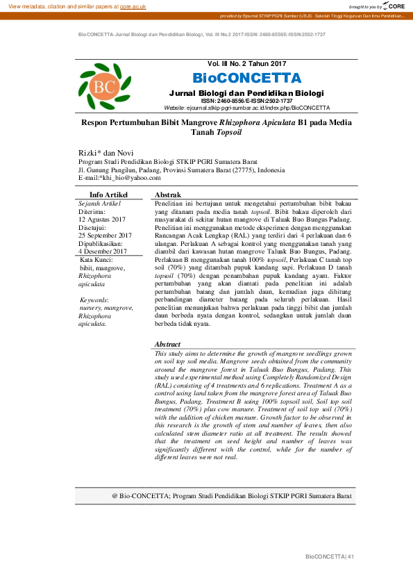 (PDF) Respon Pertumbuhan Bibit Mangrove Rhizophora Apiculata B1 pada Media Tanah Topsoil | rizki ...