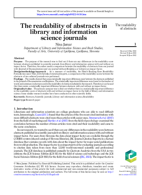 (PDF) The readability of abstracts in library and information science ...