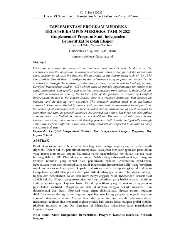(PDF) IMPLEMENTASI PROGRAM MERDEKA BELAJAR KAMPUS MERDEKA TAHUN 2021 ...
