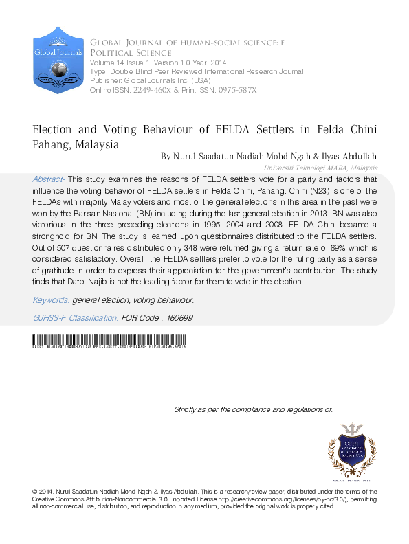 (PDF) Election and Voting behaviour of FELDA Settlers in Felda Chini ...