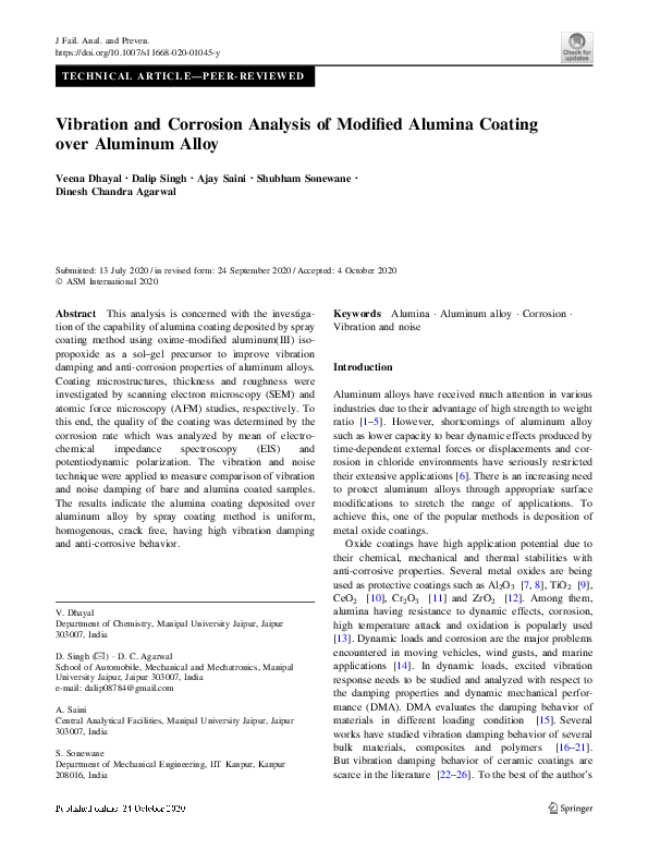 (PDF) Vibration and Corrosion Analysis of Modified Alumina Coating over Aluminum Alloy