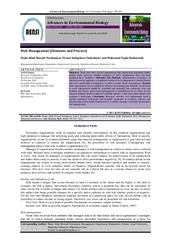 (PDF) Risk Management (Elements and Process)