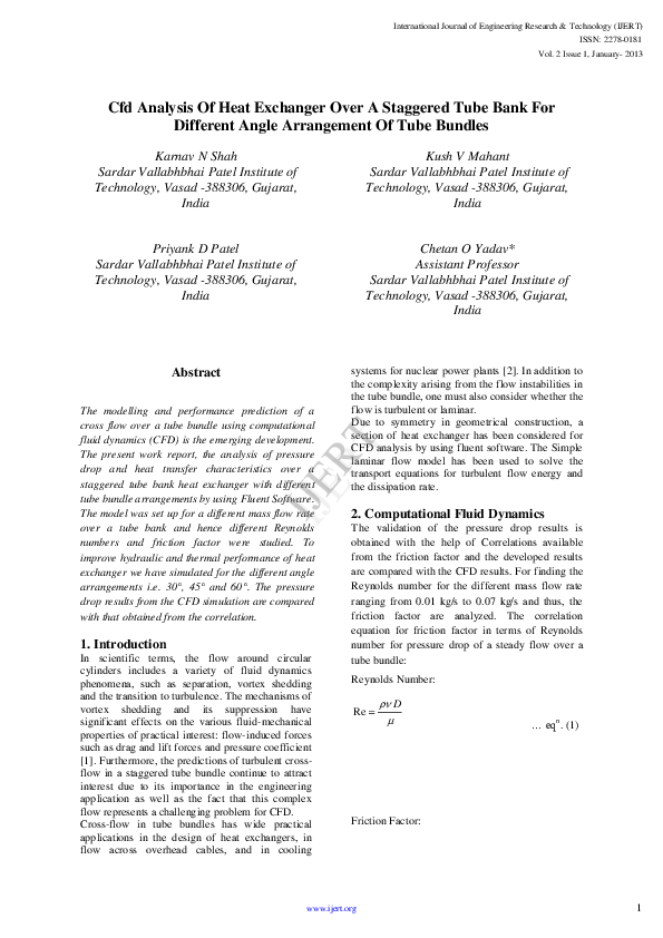 (PDF) Cfd Analysis Of Heat Exchanger Over A Staggered Tube Bank For ...