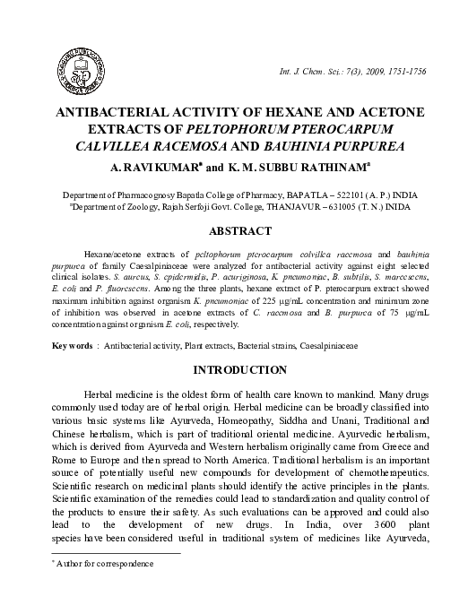 (PDF) Antibacterial Activity of Hexane and Acetone Extracts of Peltophorum Pterocarpum Calvillea ...