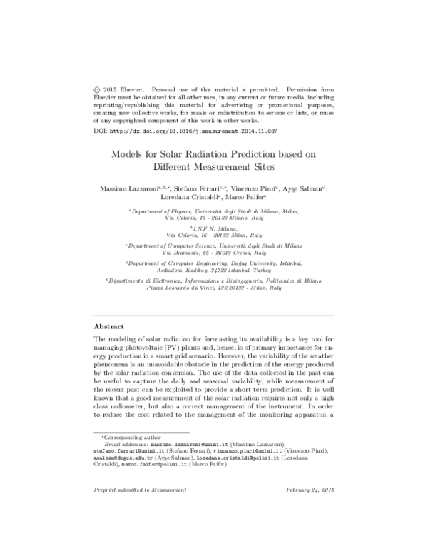 Pdf Models For Solar Radiation Prediction Based On Different Measurement Sites
