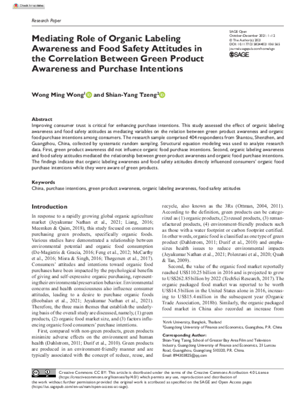 (PDF) Mediating Role of Organic Labeling Awareness and Food Safety ...