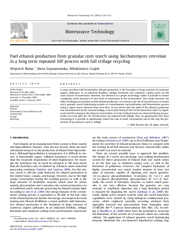 (PDF) Fuel ethanol production from granular corn starch using Saccharomyces cerevisiae in a long ...