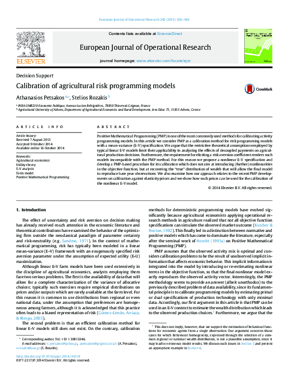 (PDF) Decision Support Calibration of agricultural risk programming models