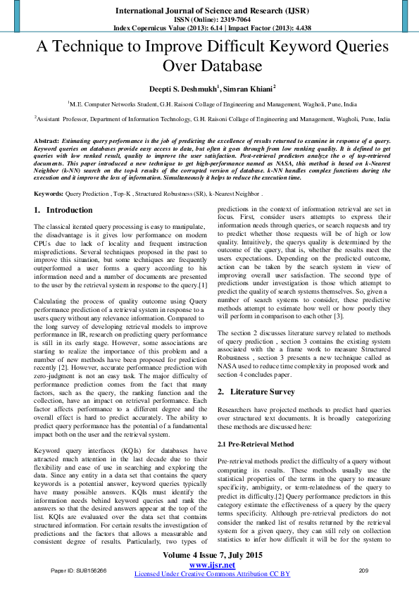 (PDF) A Technique to Improve Difficult Keyword Queries Over Database