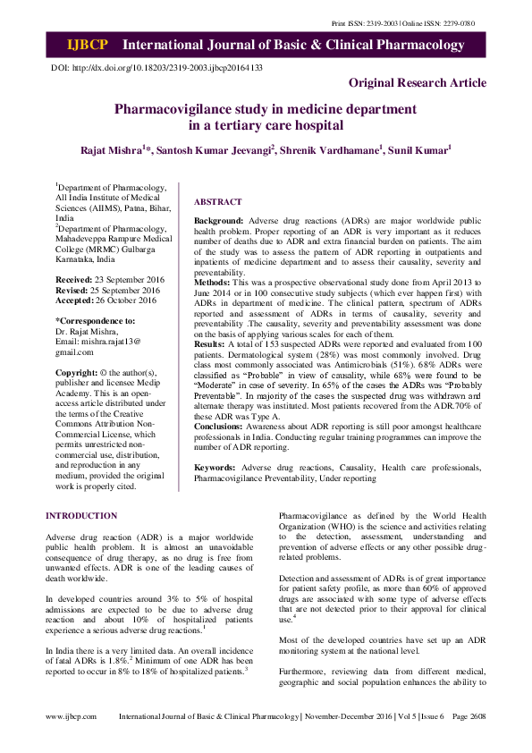 (PDF) Pharmacovigilance study in medicine department in a tertiary care hospital