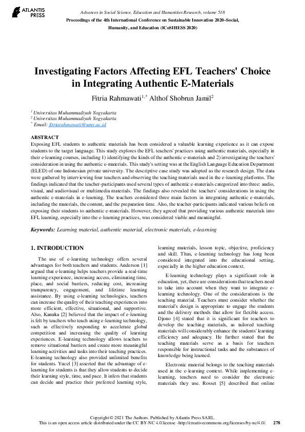 (PDF) Investigating Factors Affecting EFL Teachers’ Choice in Integrating Authentic E-Materials