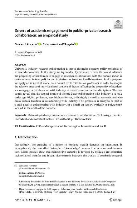 (PDF) Drivers of academic engagement in public–private research ...