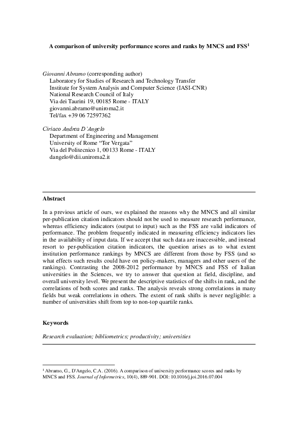 (PDF) A comparison of university performance scores and ranks by MNCS ...