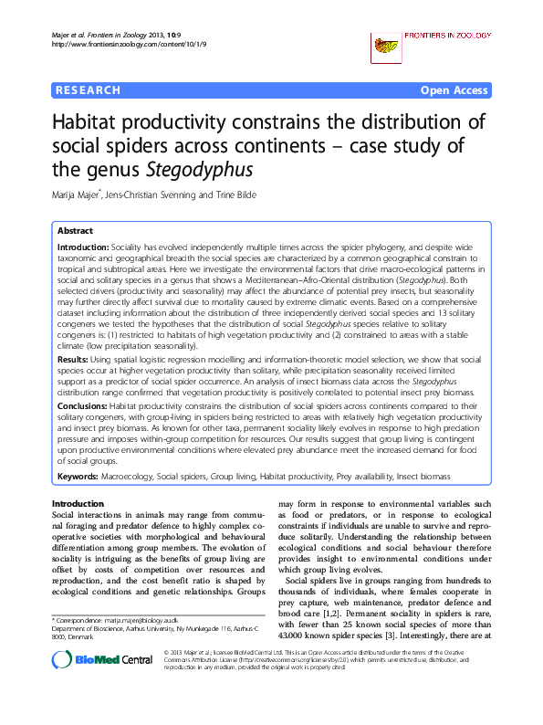 (PDF) Habitat productivity constrains the distribution of social spiders across continents ...
