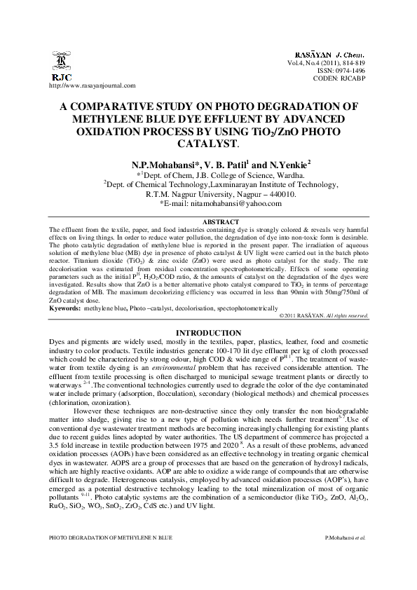 (PDF) A COMPARATIVE STUDY ON PHOTO DEGRADATION OF METHYLENE BLUE DYE ...
