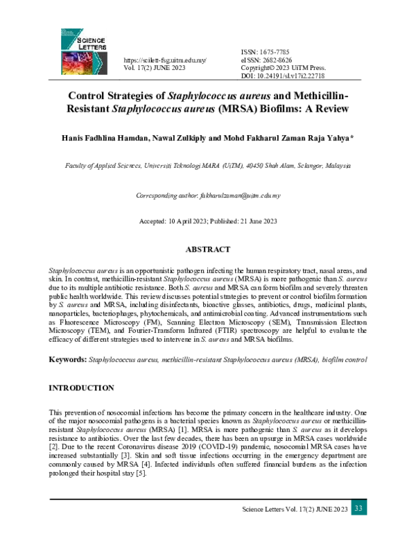 Pdf Control Strategies Of Staphylococcus Aureus And Methicillin Resistant Staphylococcus