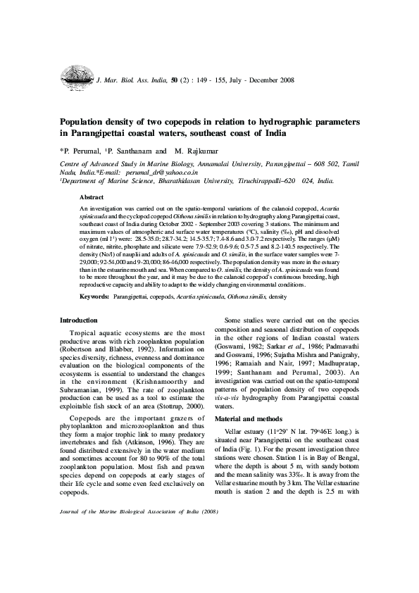 (PDF) Population density of two copepods in relation to hydrographic parameters in Parangipettai ...