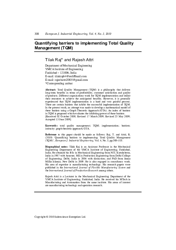 (PDF) Quantifying barriers to implementing Total Quality Management (TQM)