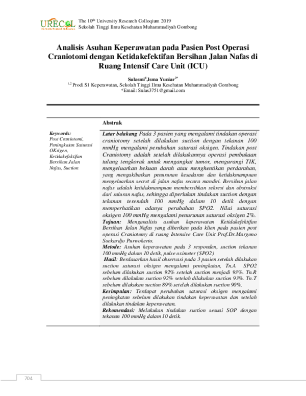 (PDF) Analisis Asuhan Keperawatan pada Pasien Post Operasi Craniotomi dengan Ketidakefektifan ...