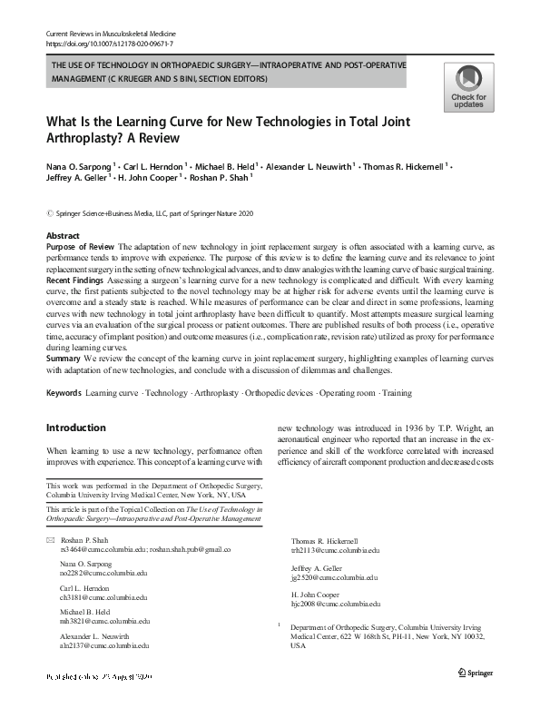 (PDF) What Is the Learning Curve for New Technologies in Total Joint Arthroplasty? A Review ...